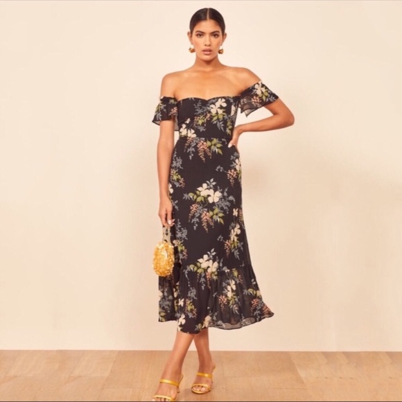 Reformation | Dresses | Reformation Black Floral Midi Dress | Poshmark